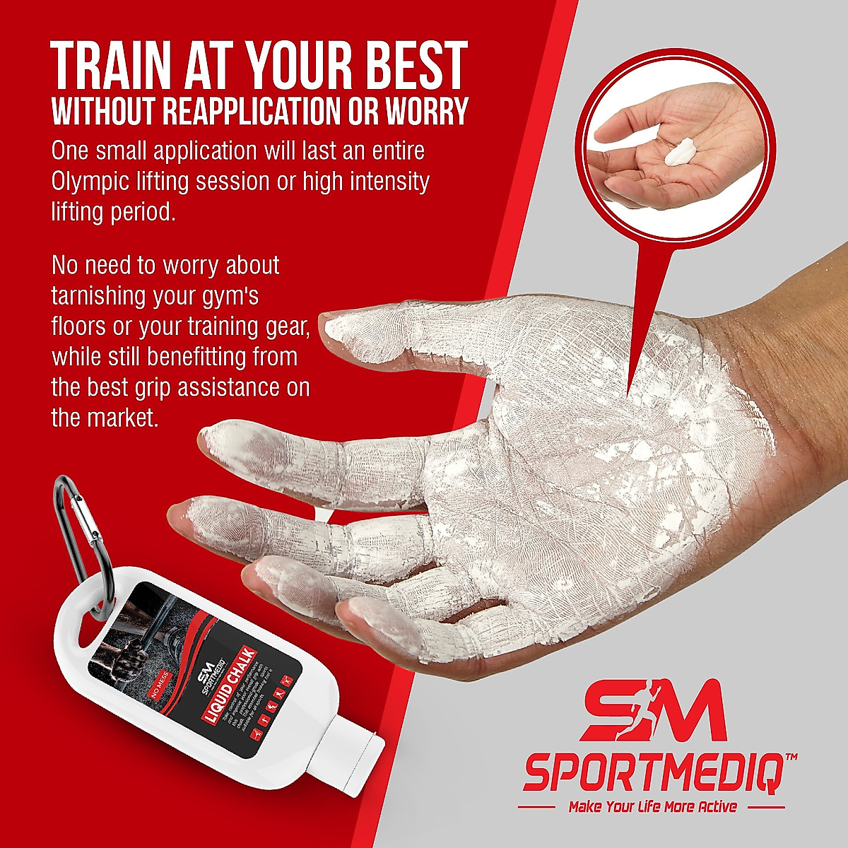 SPORTMEDIQ Pro Grade Liquid Chalk – 1 Pack - Mess Free Professional Hand Grip for Gym, Weightlifting, Rock Climbing, Gymnastics, Rock Climbing - Dries in Seconds - 1.69oz Travel Size with Belt Clip