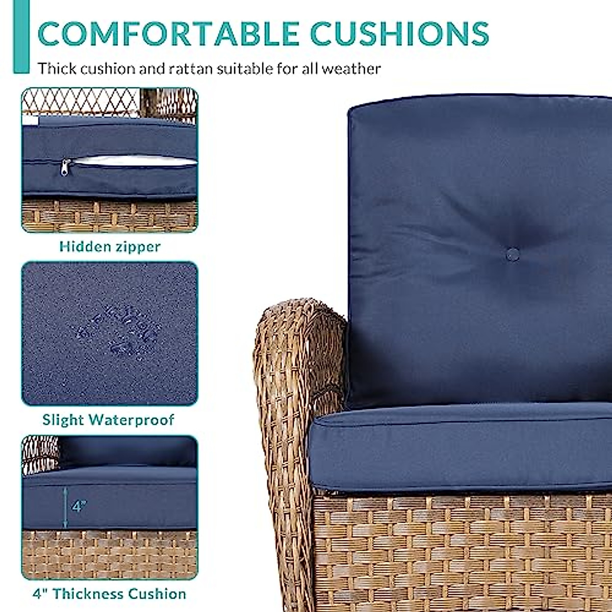 MEETWARM Outdoor Wicker Rocking Chair, Rattan Patio Rocker Chairs with Cushions and Steel Frame - Navy Blue