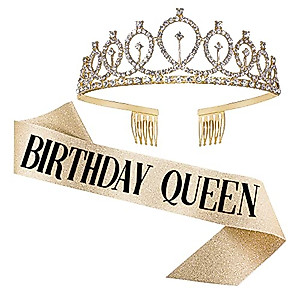 TOBAAT Birthday Sash and Tiara for Women, Gold Crystal Crown with Combs Birthday Sash for Women Holiday Decorations