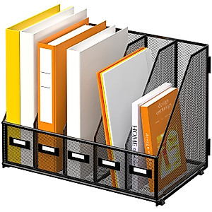 DALTACK Desk Organizers Metal Desk Magazine File Holder with 5 Vertical Compartments Folder Storage for Office Home School Organization, Black