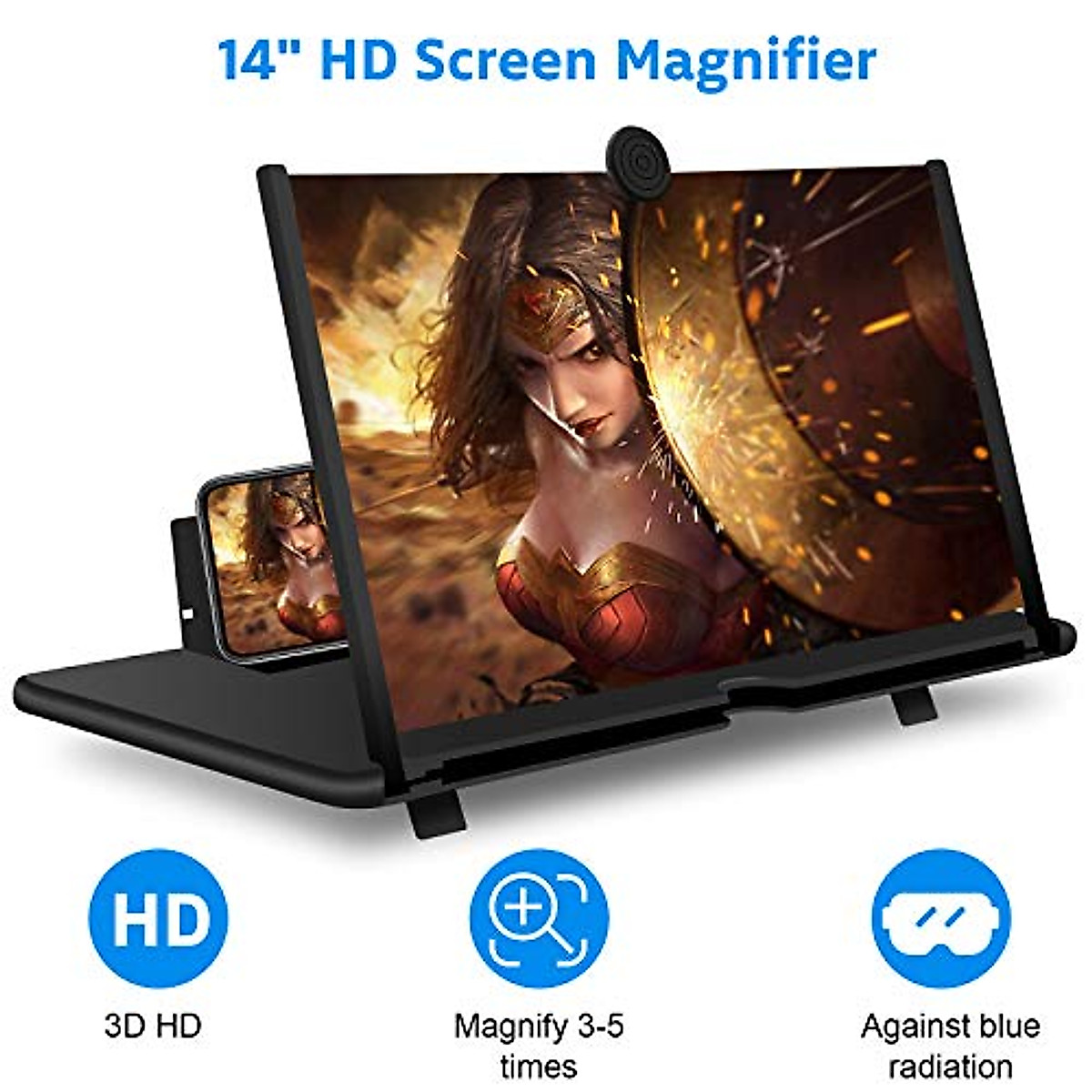 Screen Magnifier for Cell Phone, 14" 3D HD Mobile Phone Screen Amplifier with Folding Stand Holder, Magnifying Projector Screen Enlarger for Movies, Videos, Gaming - 3X Magnification Anti-Reflective