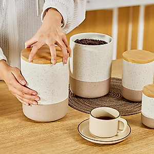 Yangbaga Canisters Sets for Kitchen Countertop-Set of 4 Ceramic Kitchen Canisters Food Storage Jar with Airtight Bamboo Lids & Spoons & Label,Large Flour and Sugar Containers for Serving Ground Coffee