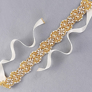 yanstar Wedding Bridal Belts In Gold Rhinestone Crystal Pearl With Ivory Sash For Wedding Dress Prom Gown-17.7In1.6