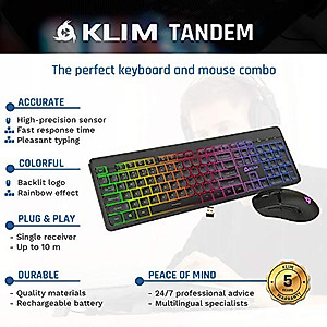 KLIM Tandem Wireless Gaming Keyboard & Mouse Combo - New 2024 - Slim Durable Ergonomic - Light up Keyboard and Mouse Wireless - Long-Lasting Built-in Battery with Energy-Saving
