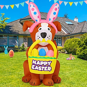 GOOSH 5 FT Easter Inflatables Outdoor Decorations, Easter Dog Blow Up Yard Decorations Easter Decor with LED Lights for Easter Party Yard Garden Lawn