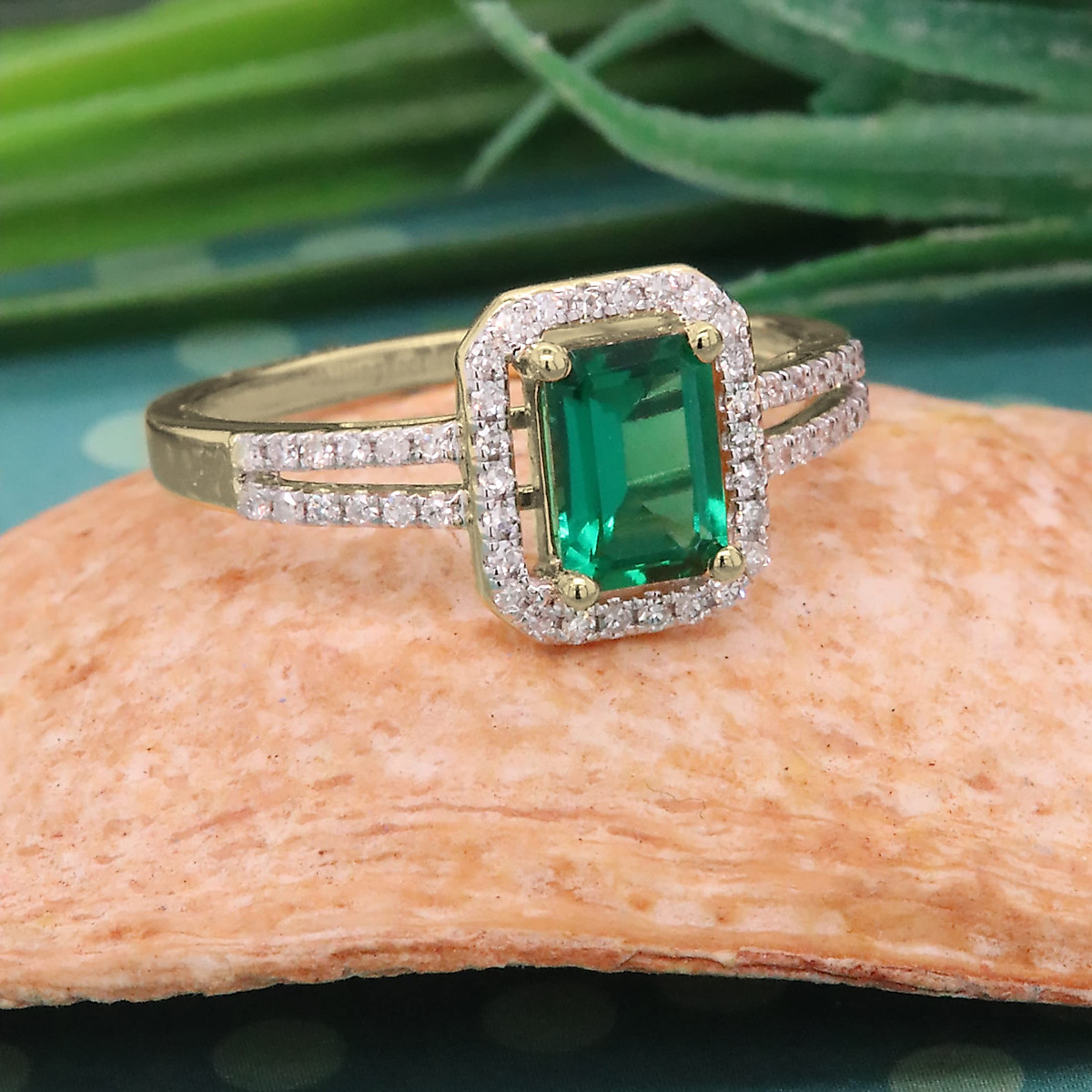 Dazzlingrock Collection 14K 7X5 MM Emerald Shape Created Emerald & Round Diamond Women Ring, Yellow Gold, Size 10