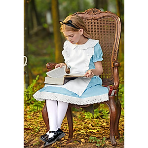 Halloween Child Girls Alice Outfit Puff Sleeve Casual Ruffle Trim Midi Dresses with Headband Blue 10 Years