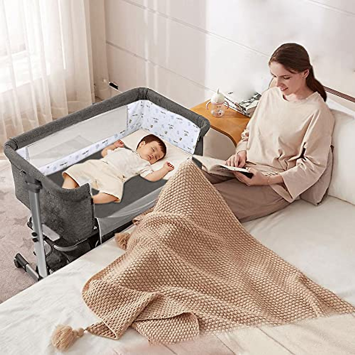 Kaptin Baby Bassinet Bedside Crib, Bedside Sleeper for Baby, Heigt Adjustable Crib with Wheels, Easy Folding Portable Baby Cradle with Large Storage Basket, for Infant/Baby/New Born (Grey)