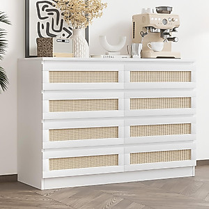 Patikuin 8 Drawer Double Dresser for Bedroom, Rattan Chest of Dressers, Modern Wooden Dresser Chest, Beside Table for Closet, Nursery, Living Room and Entryway, White