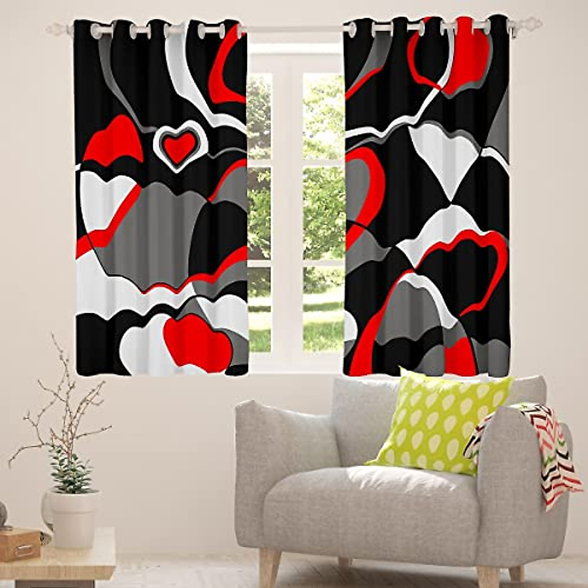 5Pcs Red Grey and Black Duvet Cover Set Full Size & Curtain Set: 1 Duvet Cover + 2 Pillowcase + 2 Panels of 42 W x 63 L inch Each