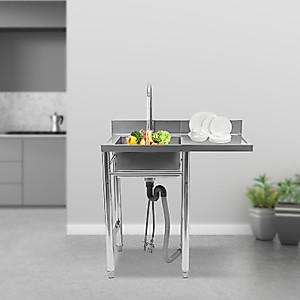Single Bowl Kitchen Sinks, Commercial Restaurant Sink Prep Table with Faucet, 35.4" W x 21.2" D x 39.3" H Stainless Steel 1 Compartment Sink With Adjustment Feet For Restaurant, Laundry Room