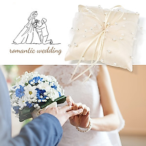 LABJULY Ring Pillow Pearl Ring Bearer Pillows 5.9x5.9 Inch Champagne Stain Ribbons Bow Fall Wedding Ring Pillows for Bridal Wedding