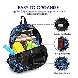 Lightweight Camo Boys School Backpack, Classic Bassic Bookbag for Middle School Students, Cute Camoflauge Patterned Casual Daypack for College, Travel, Work with 15-Inch Laptop Compartment, 17 IN