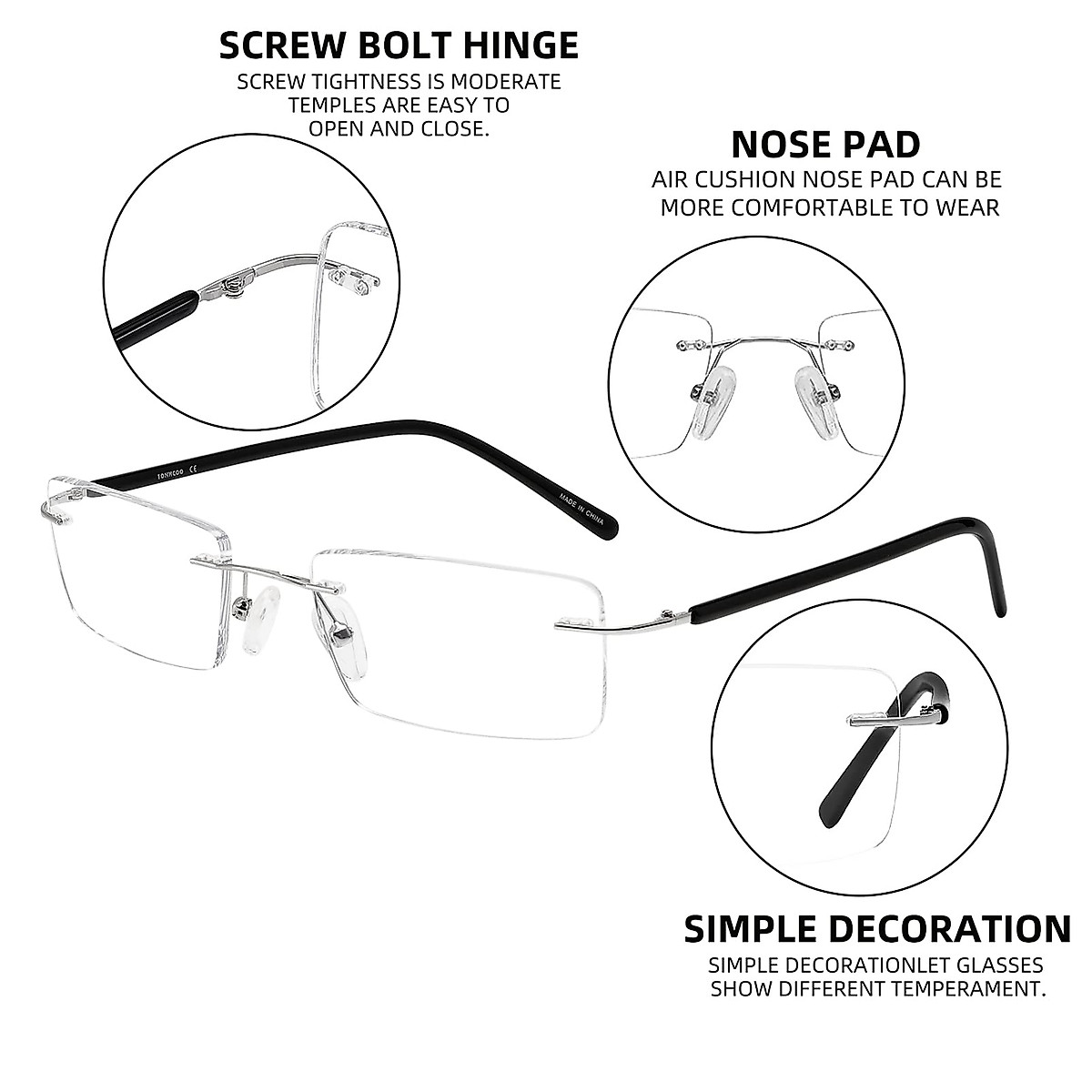 FONHCOO Blue Light Blocking Reading Glasses Anti Blue Ray Unisex Lightweight Rimless Frameless Rectangle Computer Gaming Glasses Anti-Glare, Anti-Fatigue,Anti Eyestrain (Black, 1.75)