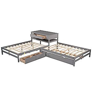 MOEO L-Shaped Full Size Platform Bed with Trundle and Drawers Linked w/ Built-in Desk for Kids, Bedroom, Teens, Adults, No Box Spring Needed, 3 Wood Bedframe in 1, Gray
