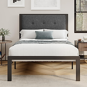 Allewie Twin Bed Frames with Upholstered Button Tufted Headboard for Kids, Platform Bed Frame with 12.4” Underbed Storage, No Box Spring Needed, Noise Free, Grey.