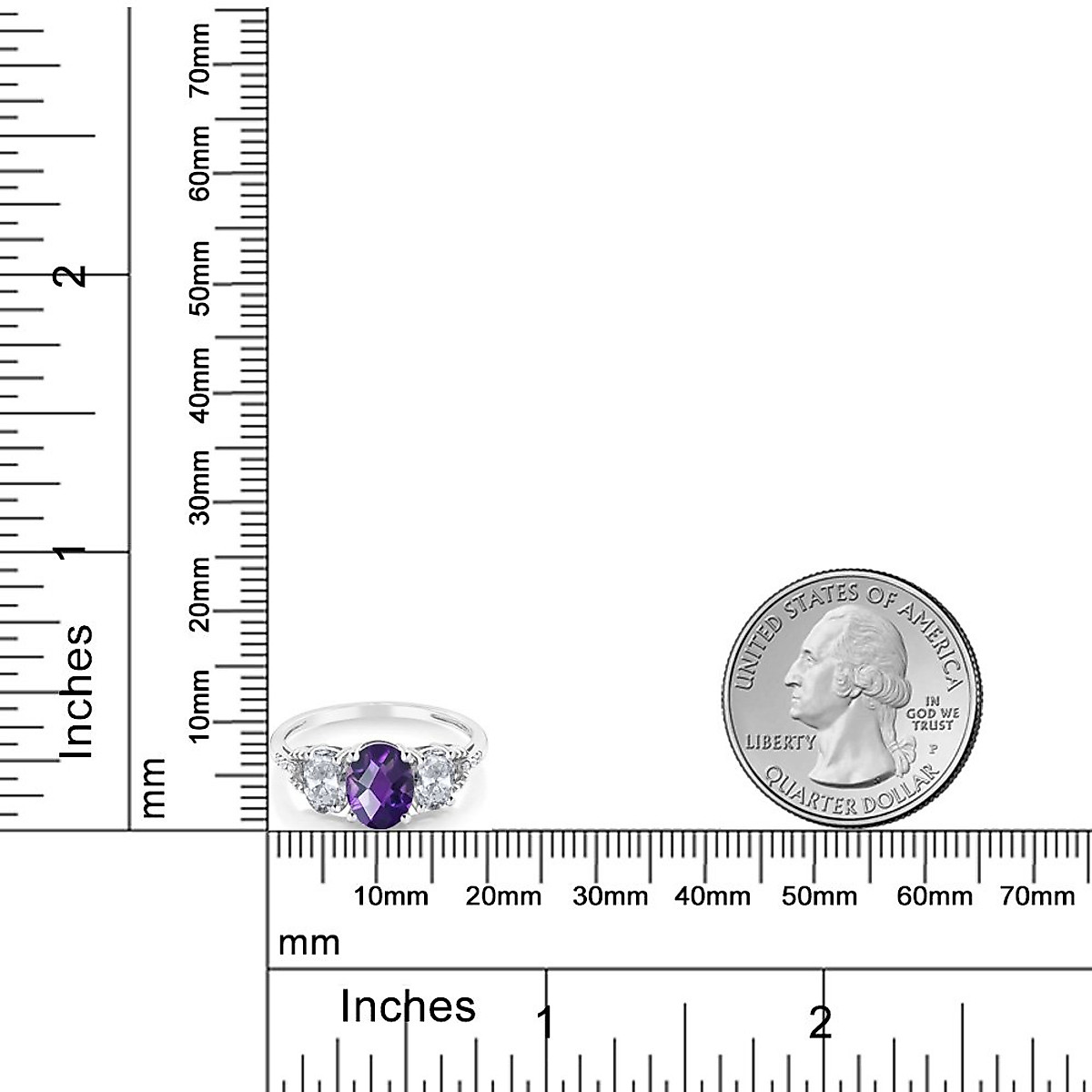 Gem Stone King 10K White Gold Amethyst and White Topaz and Diamond Accent 3 Stone Engagement Ring For Women (2.05 Cttw, Gemstone Birthstone) (Size 6)