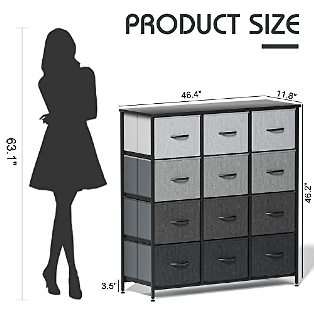 LLappuil Tall Dresser for Bedroom, 12 Drawers Dressers Chests of Drawers Tower, Fabric Dresser Storage Drawers for Clothes Organizers, Wide Large Dressers for Closet, Nursery, Gradient Grey