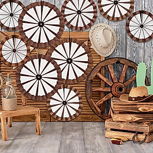 Outus 9 Pcs Wagon Wheel Decorations Paper Fans Country Western Party Decorations Wooden Wagon Wheels Hanging Paper Fans Ceiling Wall Decor for Wild West Western Cowboy Themed Classroom Party