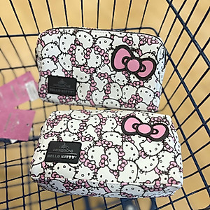 Impressions Vanity Hello Kitty Cosmetic Pouch with Waterproof Faux Leather, Zippered Bag For Travel Size Toiletries, Makeup Bag Organizer With Inside Pocket With Extra Slip Pocket (White/Pink)