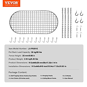 VEVOR 36 inch Carbon Steel Hanging Pot Rack, Ceiling Mount, 20 S Hooks, 80 lbs Loading Weight, Ideal for Home, Restaurant, Kitchen Cookware, Utensils