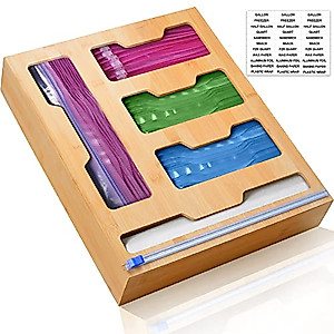 Numola Ziplock Bag Storage Organizer with Wrap Dispenser, Zipper Bag Organizer Compatible with Gallon, Quart, Sandwich, Snack Bags of Most Sizes and Rolls Less Than 12" (1 Box 5 Slots)