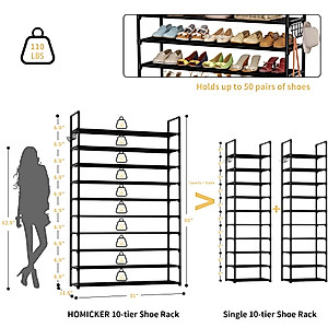 HOMICKER Shoe Rack,10 Tier Shoe Organizer Large Shoe Storage with Hooks,Fit 40-50 Pairs Shoes,Metal Tall Shoe Shelf for Closet,Entryway,Garage,Bedroom