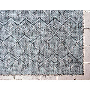Unique Loom Outdoor Trellis Collection Area Rug - Tribal Trellis (7' 1" x 10' Rectangle, Light Blue/ Ivory)