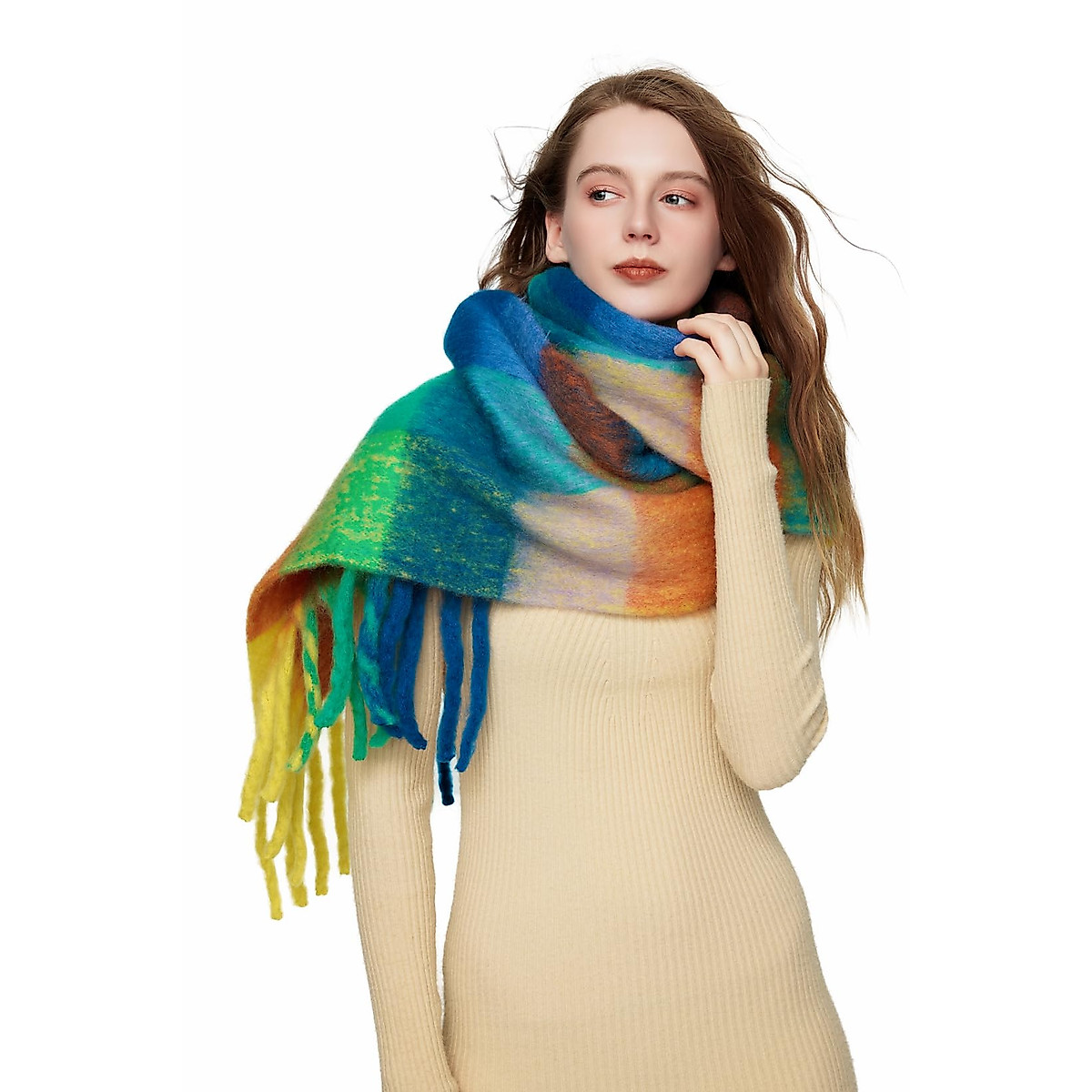 Yatemiole Women's Cashmere Big Coloured Checked Scarf Winter Warm Wrap Scarf (Pattern - 3)