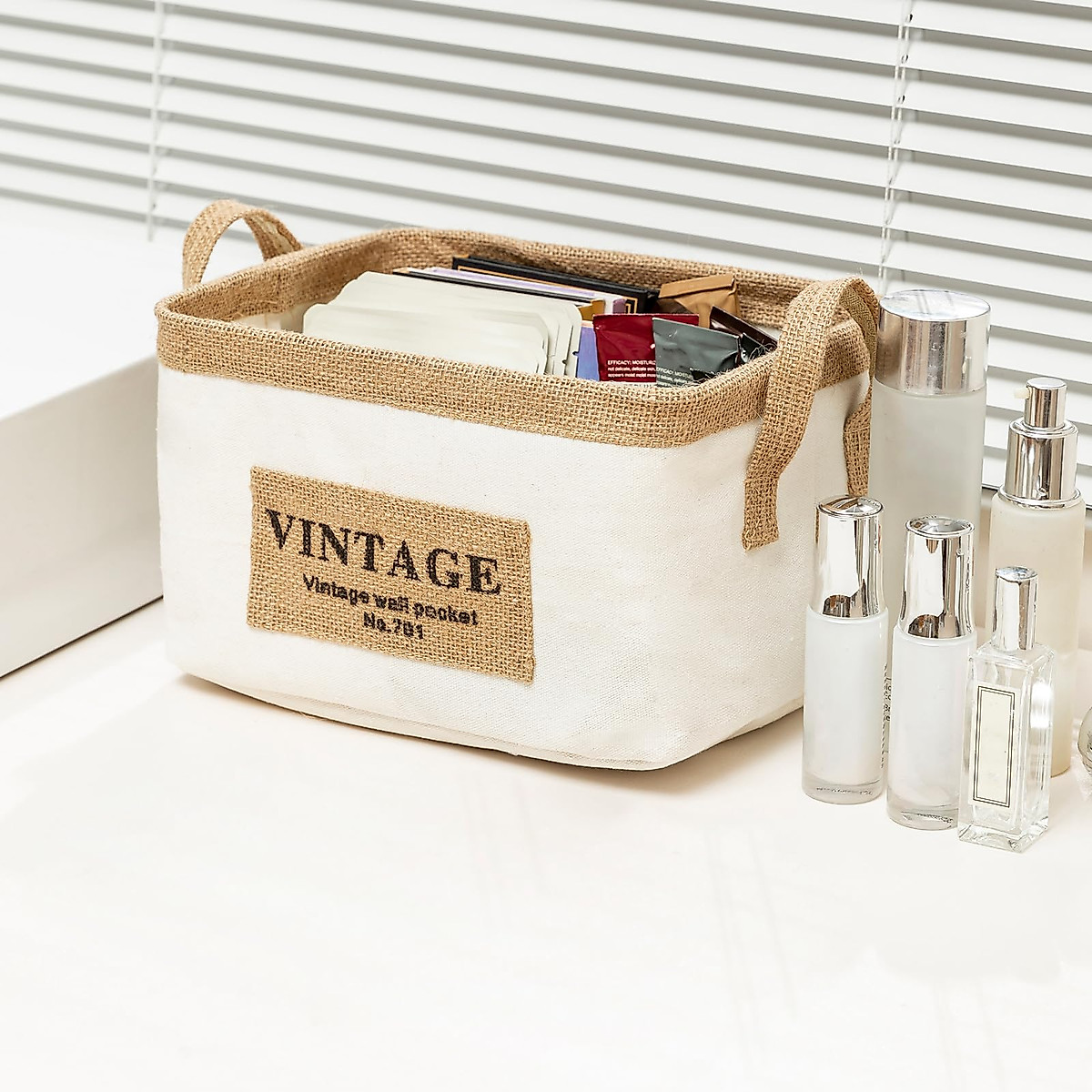 LUFOFOX 3-Pack Storage Baskets for Organizing,Jute Woven Handles Baskets Decorative Small Baskets,Fabric Baskets for Shelf Closet,White,10.6"*8.7"*6.3" (Small)