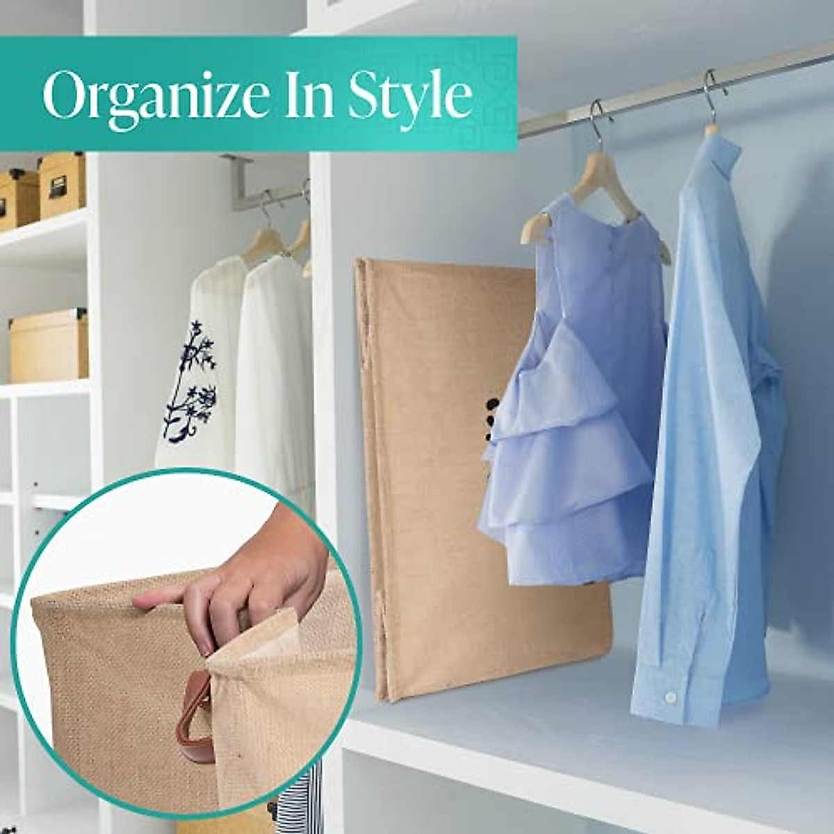 Woffit Toy Organizer Baskets - Set of 2 Collapsible Kids Toy Boxes w/Leather Handles - Living Room, Nursery and Playroom Storage & Organization, Beige