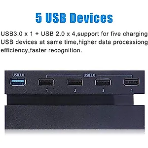 EEEKit 5 Port Hub for PS4, USB 3.0/2.0 High-Speed Expansion Hub Charger Controller Adapter Connector Compatible with Playstation 4 PS4 Gaming Console, Not for PS4 Slim, PS4 PRO