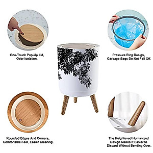 SHL96PZGX Small Trash Can with Lid Black Leafs in Summer on Blue Sky with Burst Light with Wood Legs Wastebasket Simple Human Round Garbage Bin for Kitchen, Bathroom, 1.8 Gallon - 7L