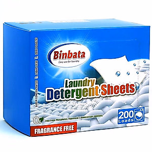 Binbata Laundry Detergent Sheets, 200 Count, Fragrance Free, Unscented, Eco-Friendly, Hypoallergenic, Biodegradable, Plastic Free, Liquidless, Suitable for Sensitive Skin