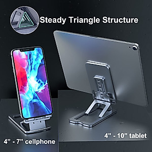 DTech Foldable Cell Phone Stand Holder Aluminum Adjustable Height Nonslip Adhesive Portable Cellphone Cradle for Desk Office Table Home Travel Mobile Smartphone - Gray