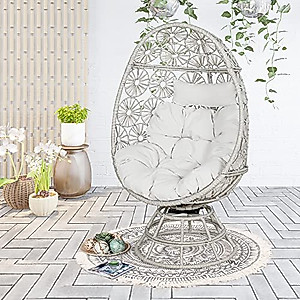 Iwicker Outdoor Wicker 360-Degree Swivel Egg Chair with Beige Cushions, Patio Rattan Basket Egg Chair for Garden Lawn Bedroom