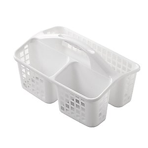 Bathroom Shower Caddy Basket with Handle Cleaning Tote Bins Cleaning Supplies Organizer Ventilated for College Dorm with 3 Compartments, White