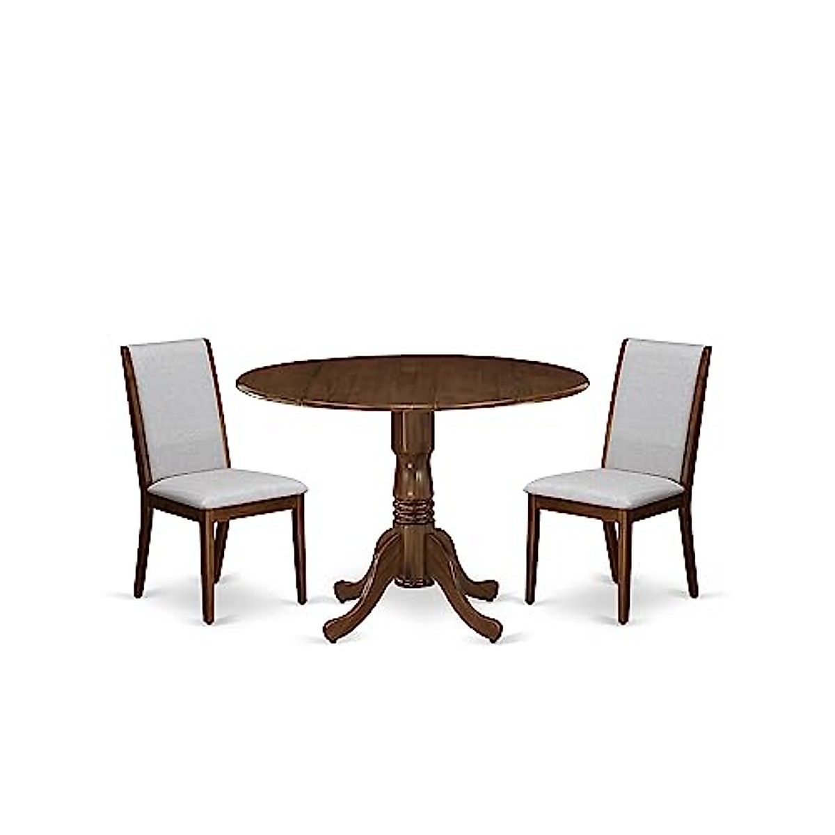 East West Furniture DLLA3-AWA-05 3 Piece Dining Room Table Set Includes a Round Wooden Table with Dropleaf and 2 Upholstered Chairs, 42x42 Inch, Antique Walnut