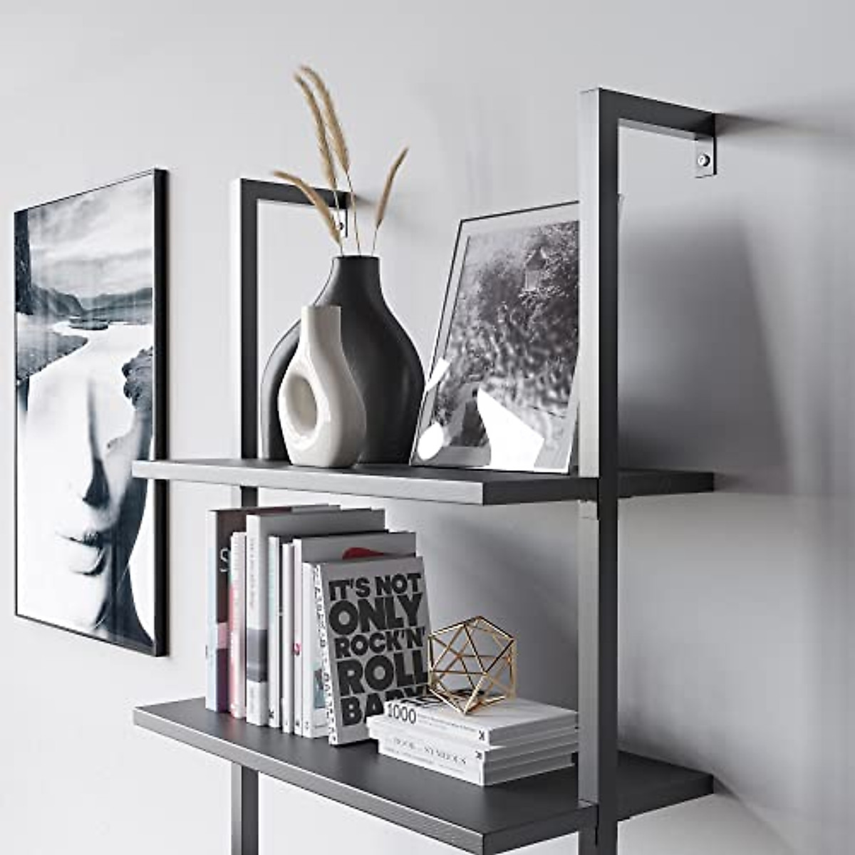 Furmax 5-Shelf Bookcase Wall Mount Bookshelf Modern Ladder Shelves with Wood Board and Industrial Metal Frame, for Home Office, Living Room, Bedroom, Entryway and Hallway (Black)