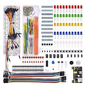 Electronics Basic Component Starter Kit with Breadboard Power Supply Jumper Wires Resistors Capacitors LED Compatible with Arduino Raspberry Pi Prototype