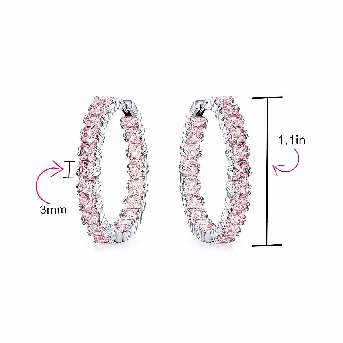 Bridal Square Simulated Pink Tourmaline Cubic Zirconia Brilliant Princess Cut AAA CZ Inside Out Statement Hoop Earrings For Women Prom Silver Plated 1.25 Diameter