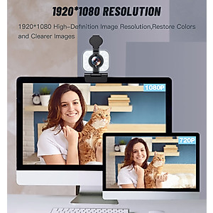 Webcam FHD 1080P Streaming Webcam with Ring Light, Microphone, Privacy Cover and Auto-Focus, Plug and Play, USB Web Camera for Zoom Skype YouTube, PC Laptop Computer