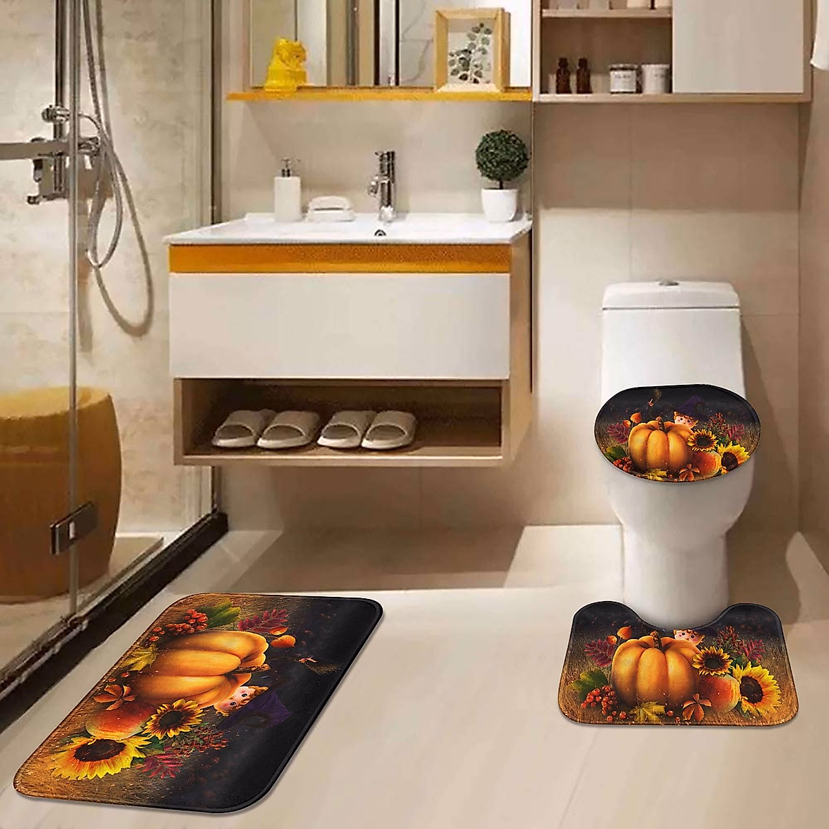 ArtSocket Witch Pumpkin Bathroom Sets with Shower Curtain and Rugs and Accessories, Fall Sunflower Leaf Autumn Orange Black Shower Curtain Sets, Thanksgiving Shower Curtains for Bathroom Decor 4 Pcs