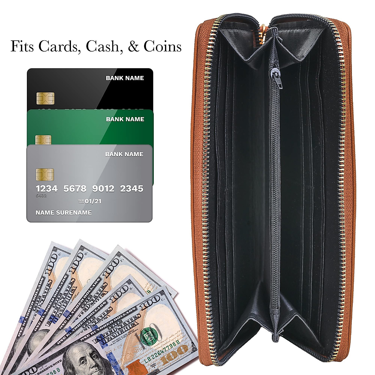 Rebecca & Rifka Women's Large Saffiano Vegan Leather Medallion Zip Around Multi Holder Organizer Wristlet Large Capacity Travel Clutch Wallet (Cognac)