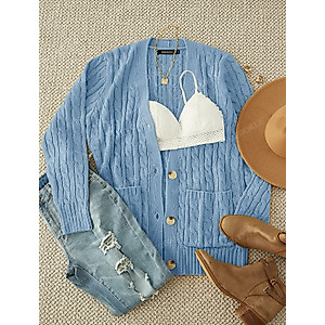 MEROKEETY Women's 2025 Casual Long Sleeve Open Front Cardigan Sweater Solid Color Button V Neck with Pockets,Blue,M