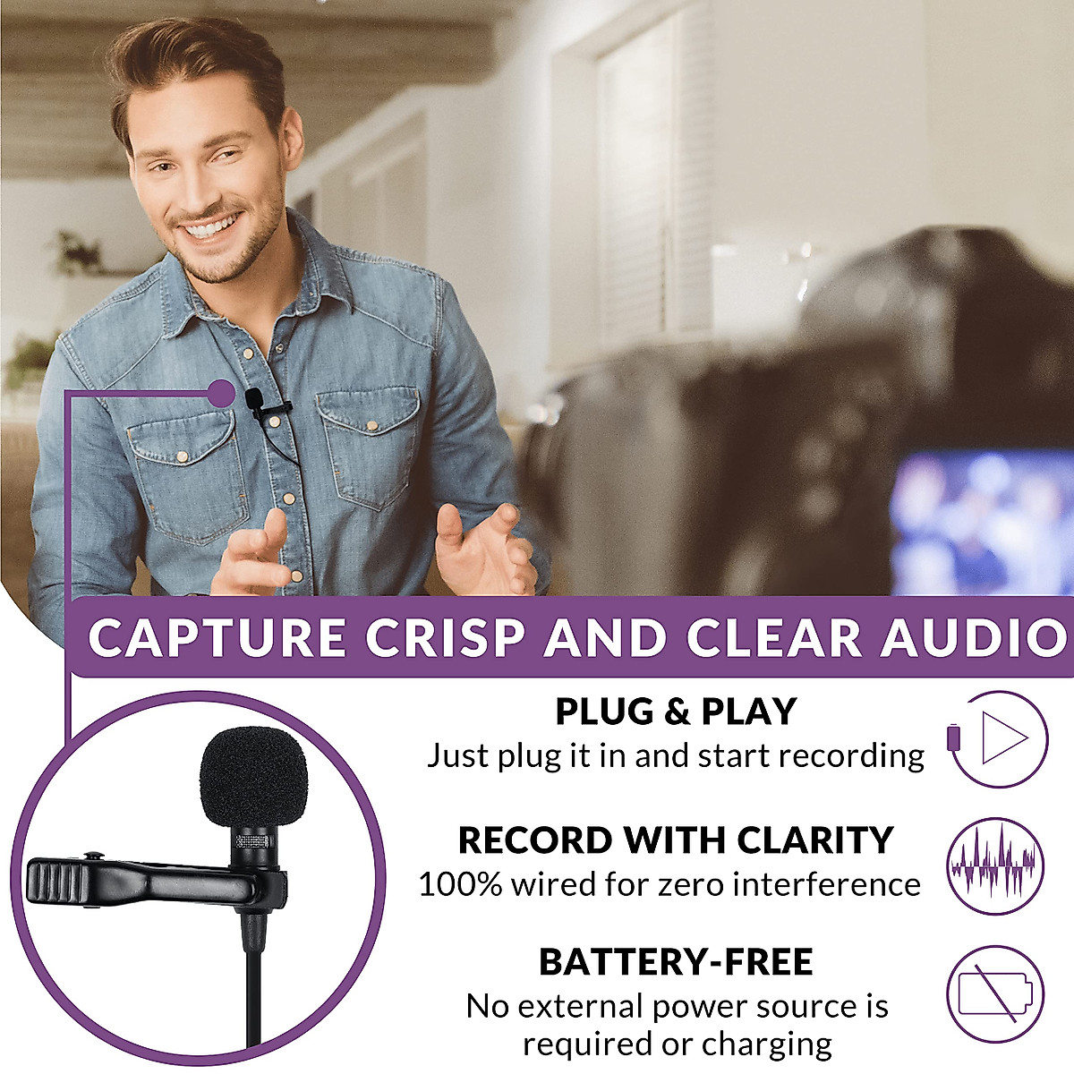 Purple Panda Lavalier Lapel Microphone Kit - Clip-on Omnidirectional Condenser Lav Mic Compatible with iPhone, iPad, GoPro, DSLR, Zoom/Tascam Recorder, Samsung, Android, PS4