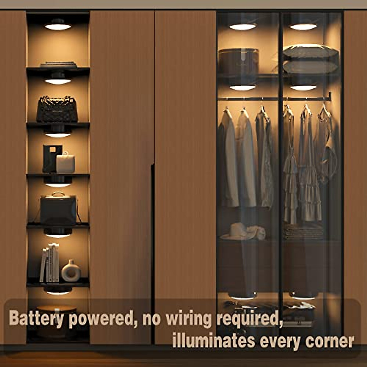 ILYXY 6 Pack LED Under Cabinet Lighting Dimmable Push Lights Battery Operated Wireless Under Counter Puck Lights with Remote for Kitchen, Multicolor Transformation Stick On Lights, Shiny Black