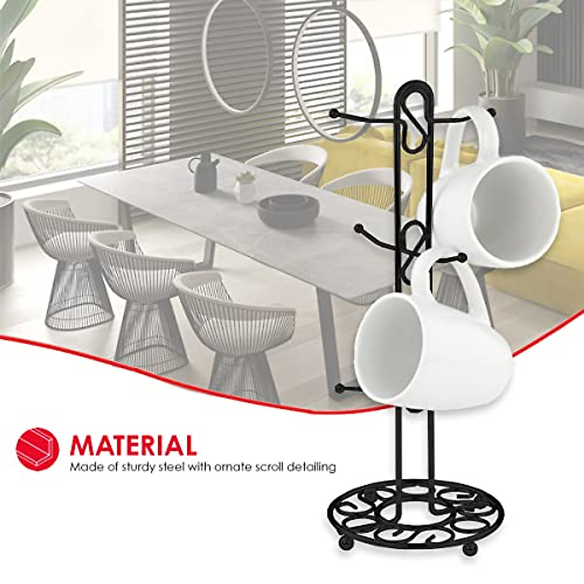 Home Basics Scroll Collection Steel Mug Tree, Black | Holds 6 Mugs | Tilted Branches | Sturdy Steel Design