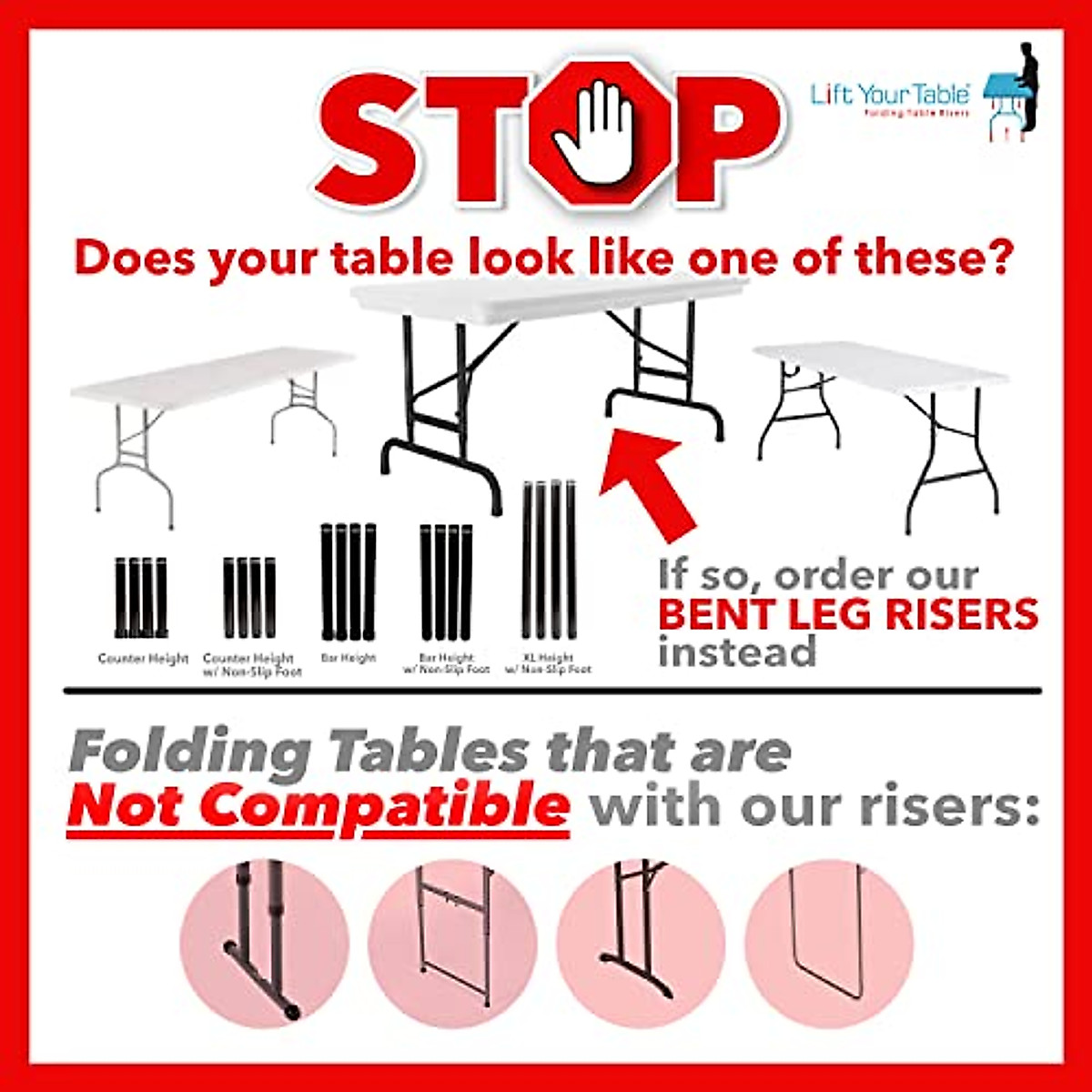 Lift Your Table® Folding Table Risers, Easy-to-Use Straight Leg Folding Table Extensions, Counter Height, Raises Folding Tables 8” Inches. Durable, Sturdy. Set of 4, Black, Made in The USA