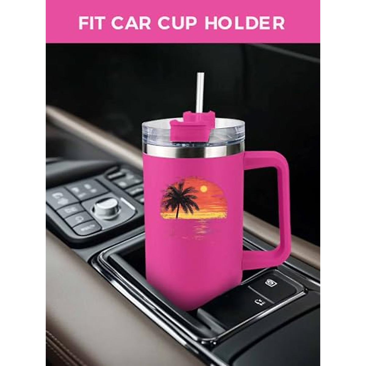40 ounce insulated cup with handle, double-layer vacuum stainless steel material, equipped with straw, can keep warm or maintain cold drinks Dusk Sunset Palm Trees Sunset Bright pink